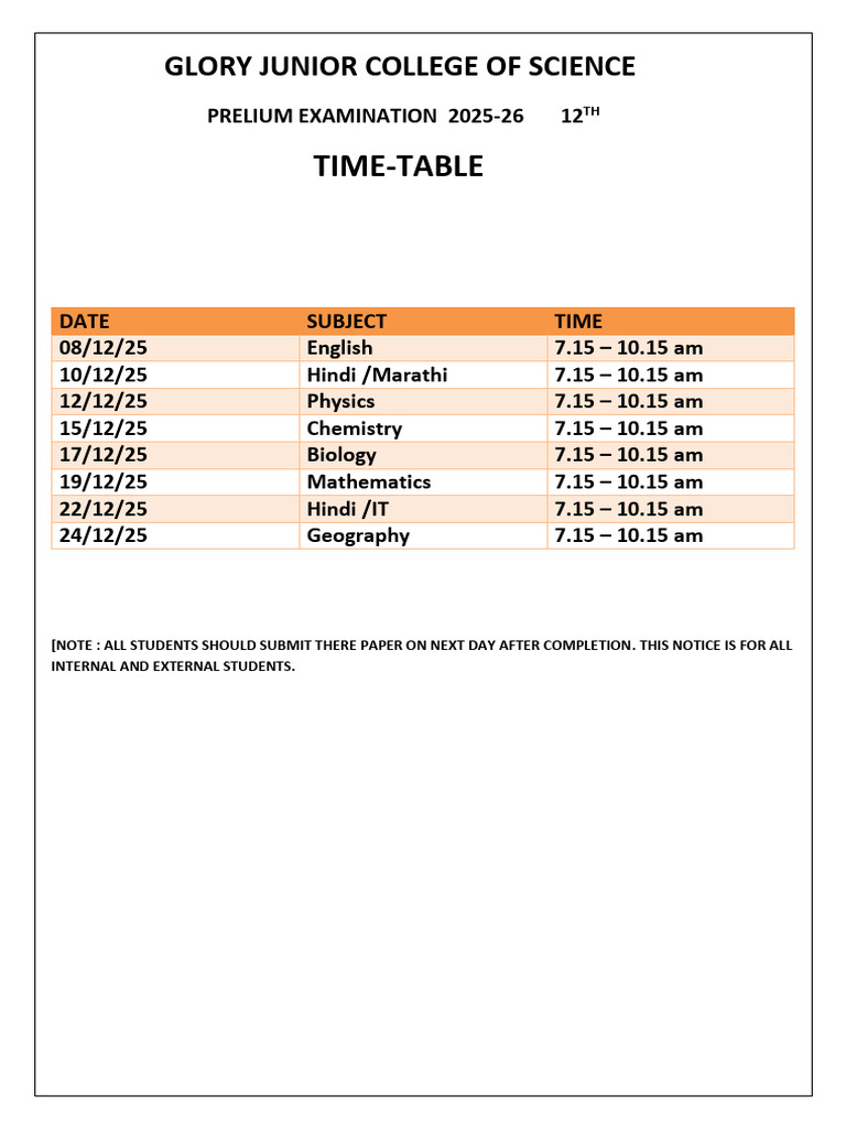 Time Table for PRELIUM Exam | PDF