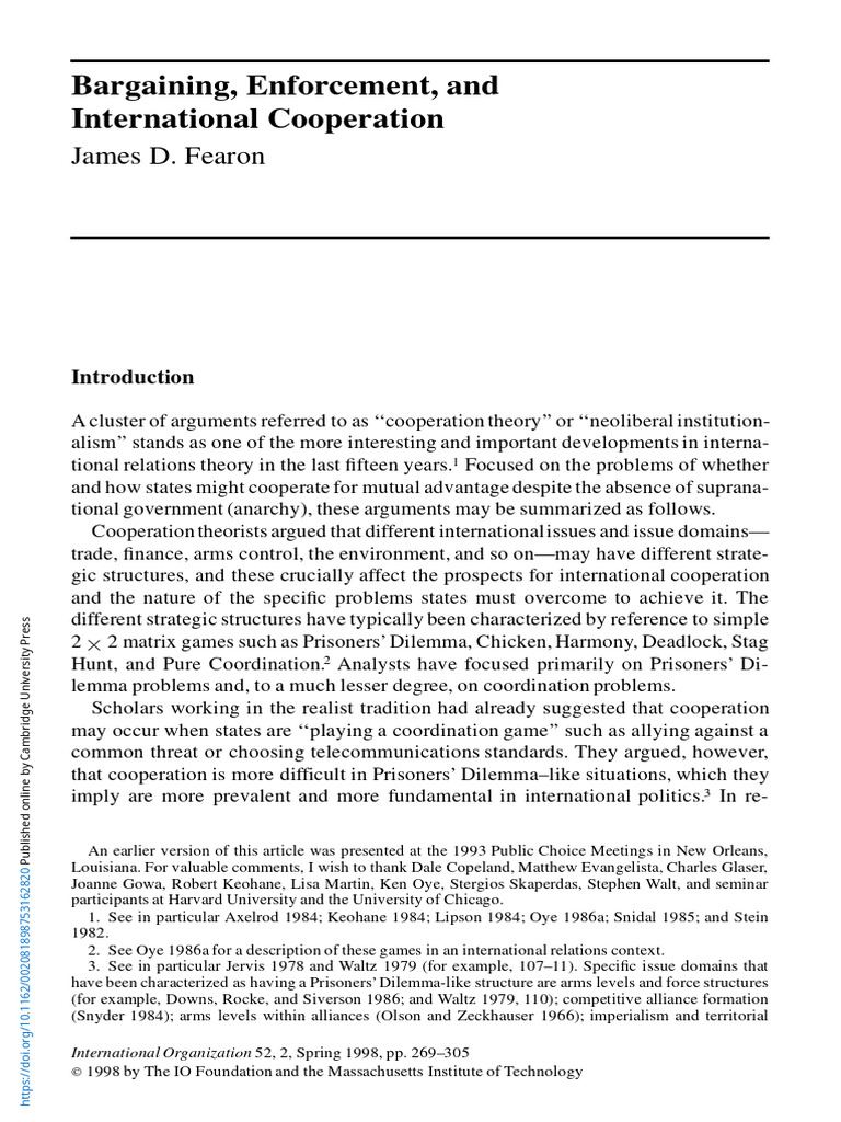 Fearon, J. (1998) International Organizations | PDF | Cooperation ...