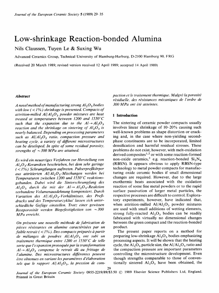 Low-shrinkage Reaction-bonded Alumina | PDF | Sintering | Physical Sciences