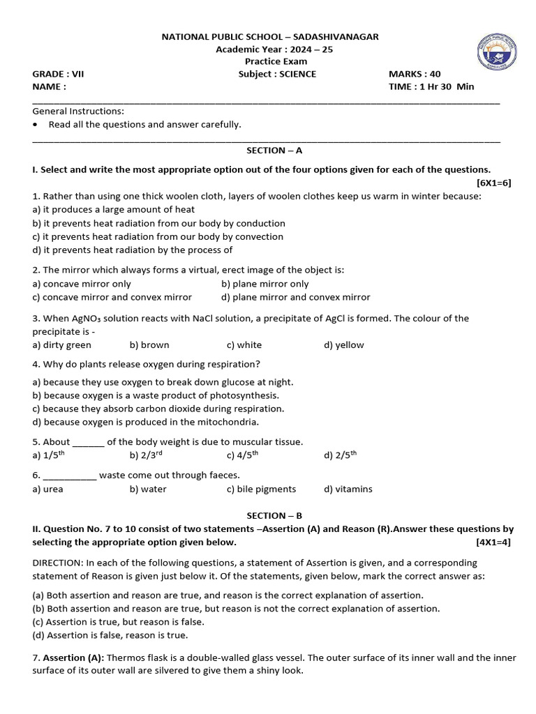 Grade VII Science Practice Exam 2024-25 | PDF | Chemical Elements ...