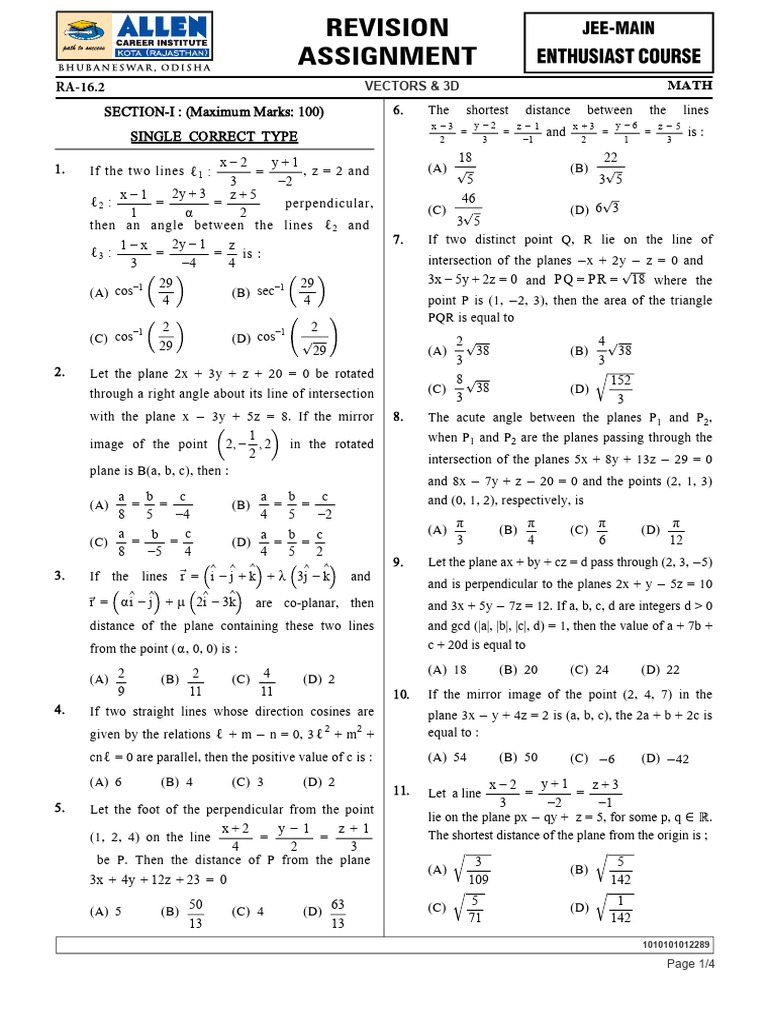 3D Geometry and Vector Problems | PDF | Angle | Cartesian Coordinate System