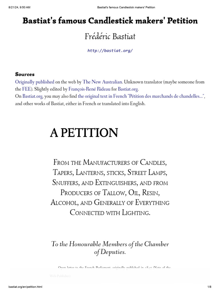 Bastiat's Famous Candlestick Makers' Petition | PDF