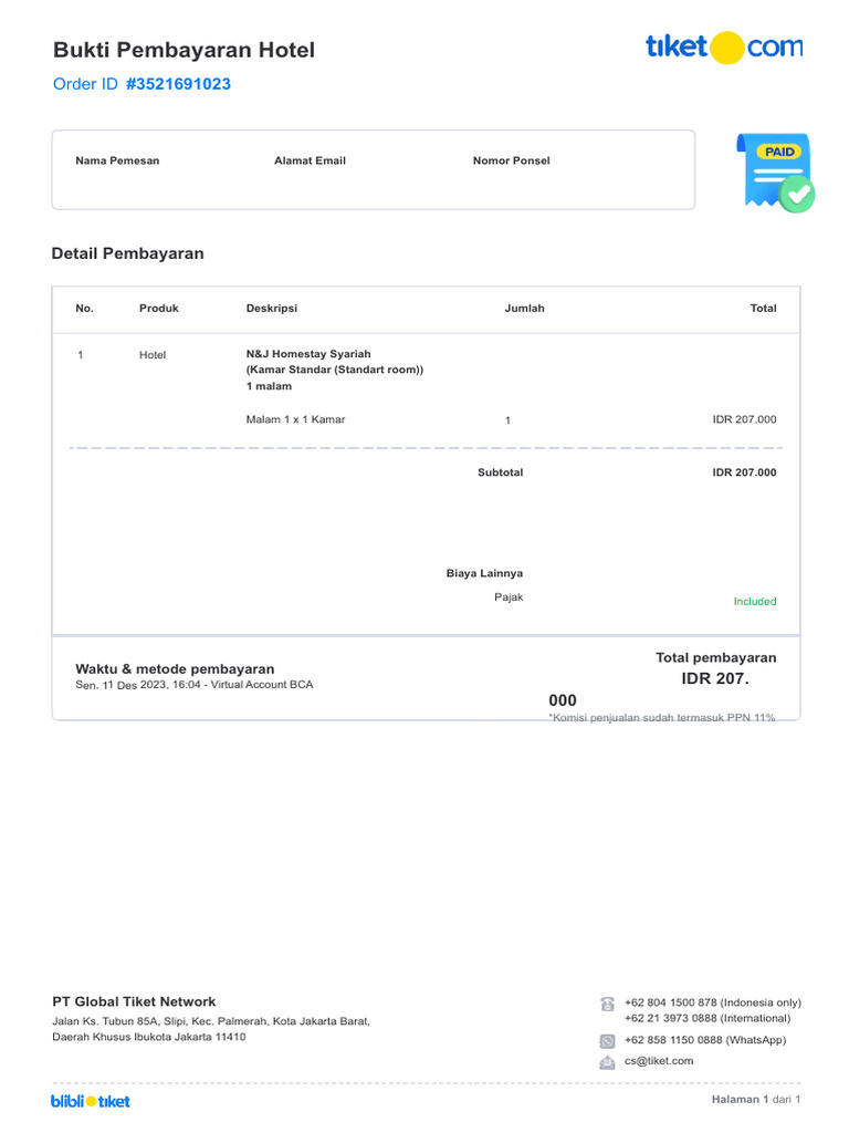 Receipt Tiket Com Hotel New Version | PDF