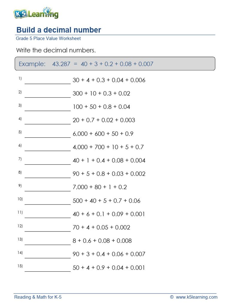 Grade 5 Place Value 5 Digit Decimals e | PDF