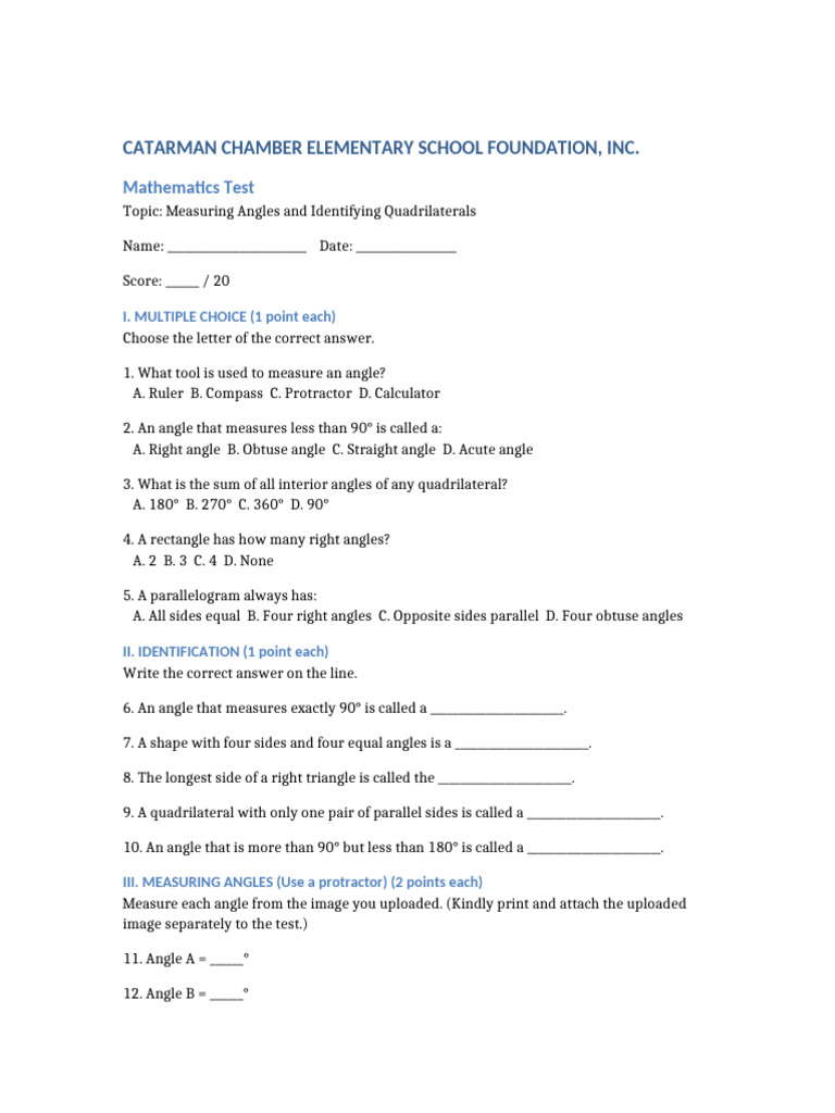 Math Test Measuring Angles and Quadrilaterals | PDF