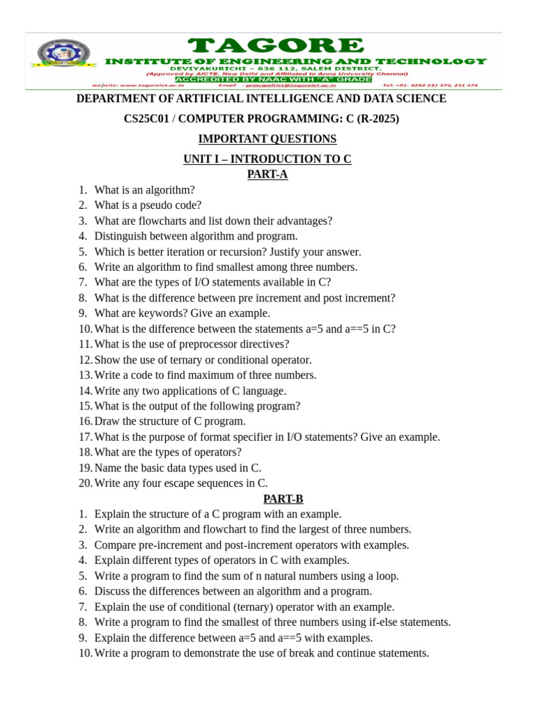 CS25C01-IMPORTANT QUESTIONS | PDF | Pointer (Computer Programming) | Control Flow