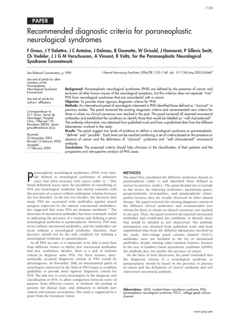 Diagnostic Criteria for Paraneoplastic Syndromes | PDF | Clinical ...