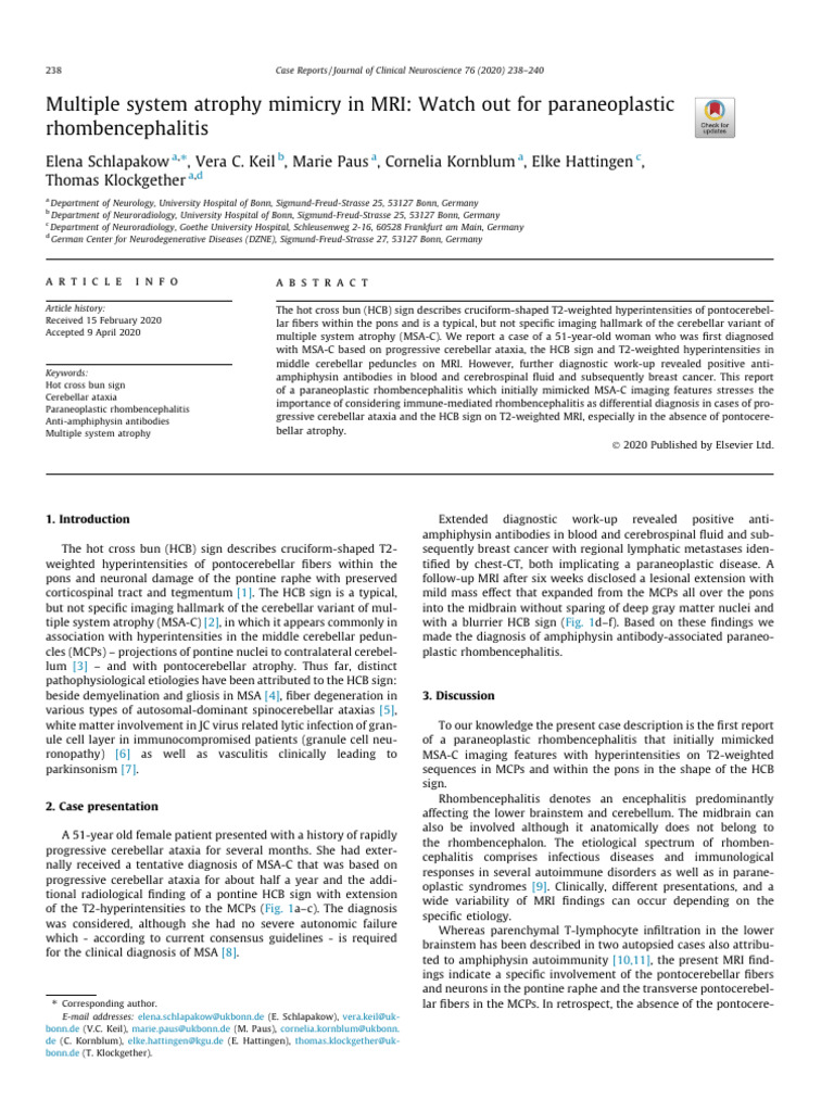 Multiple system atrophy mimicry in MRI Watch out for paraneoplastic ...