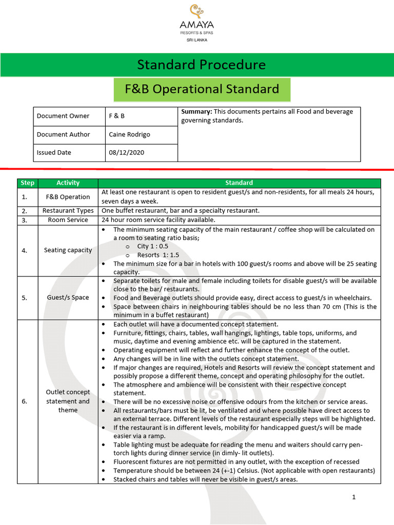 F&B Operational Standards Guide | PDF | Tea | Restaurants