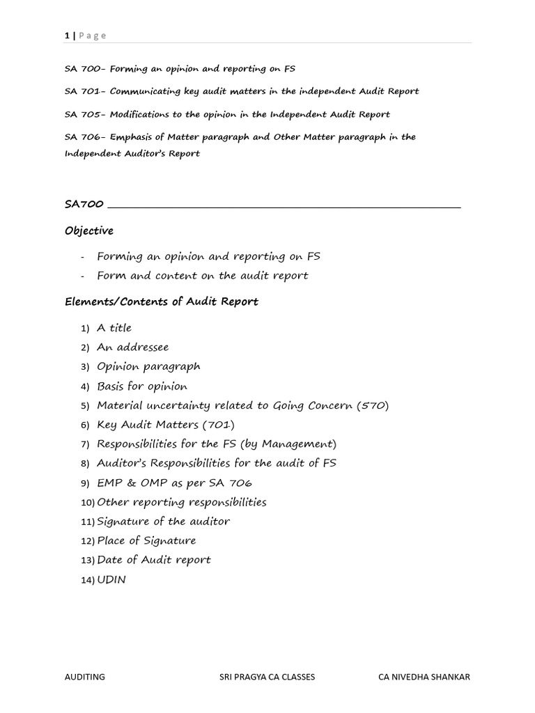 SA 700 Series | PDF | Auditor's Report | Audit