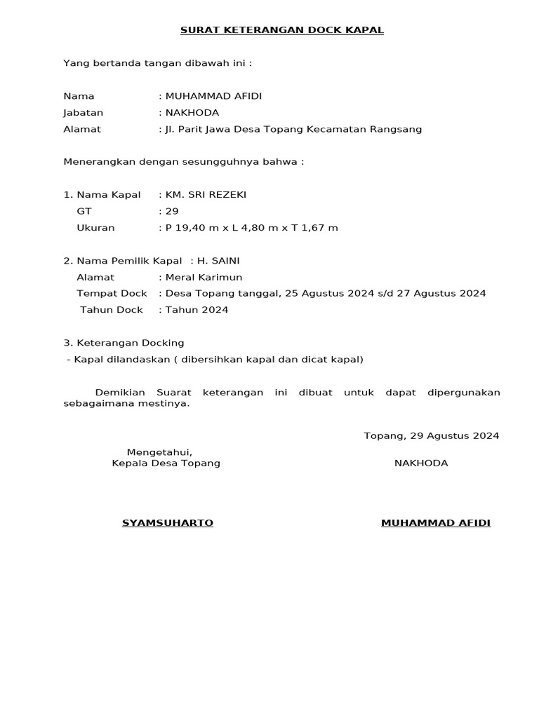 Surat Keterangan Dock Kapal | PDF