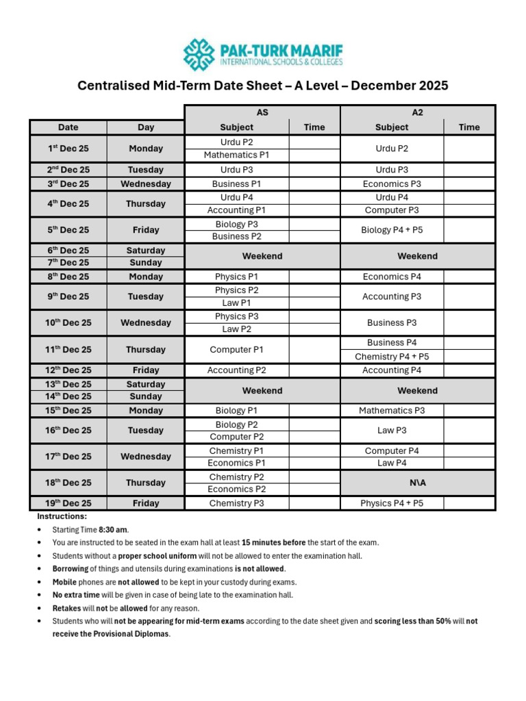 Mid Term A Level Date Sheet | PDF