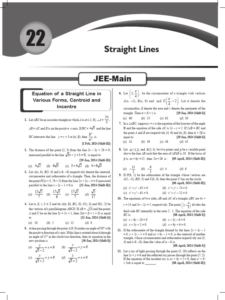 PYQs (JEE Main & Advance) Straight Lines | PDF | Euclid | Geometry