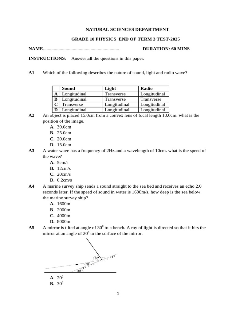 Grade 10 Physics End-of-Term Test 2025 | PDF | Sound | Light