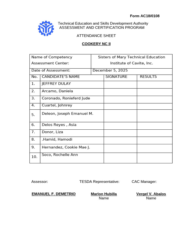 Cookery NC II Assessment Attendance Sheet | PDF