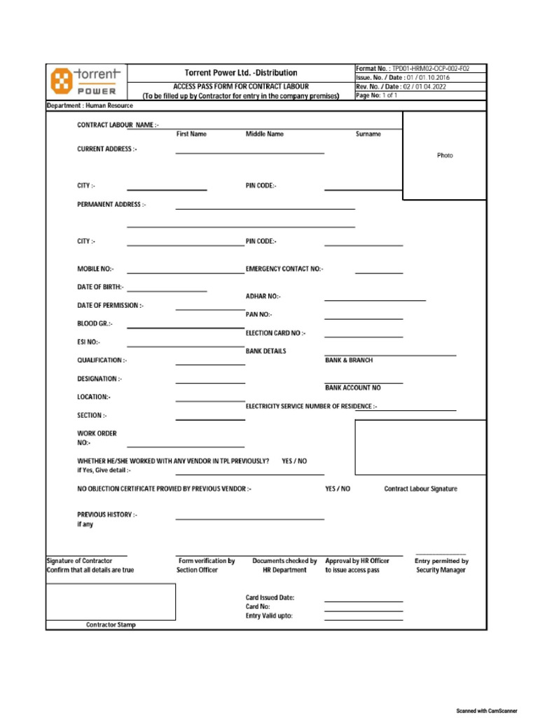 Access Pass Form - Contract Worker-2 | PDF