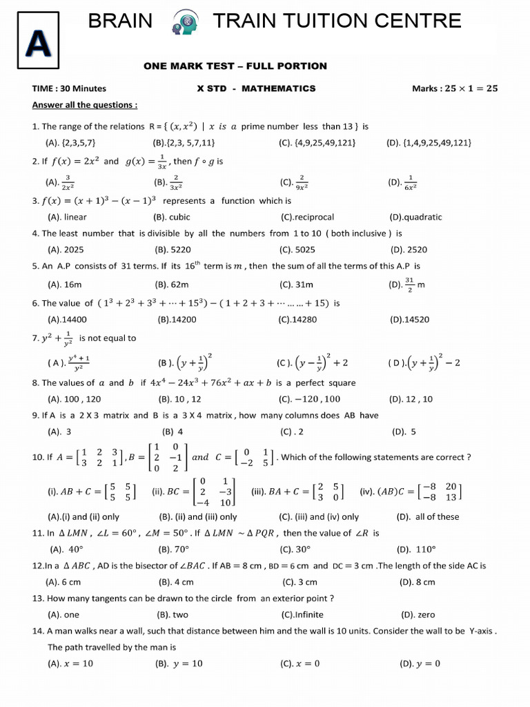 10th Maths 1 Mark Practice QP EM (1) | PDF