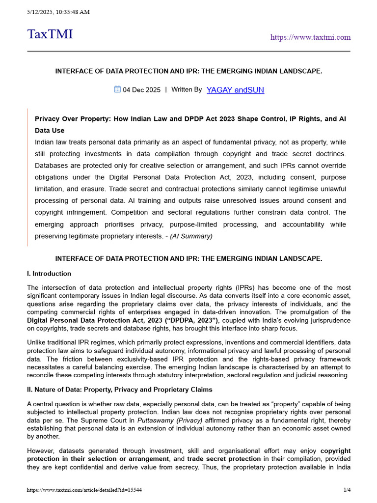 Data Protection and IPR in India | PDF | Intellectual Property | Copyright