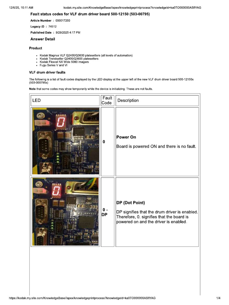 Fault Status Codes for VLF Drum Driver Board 500-12150 (503-00795) | PDF