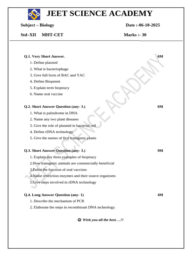 XII CET Physics - Biology | PDF