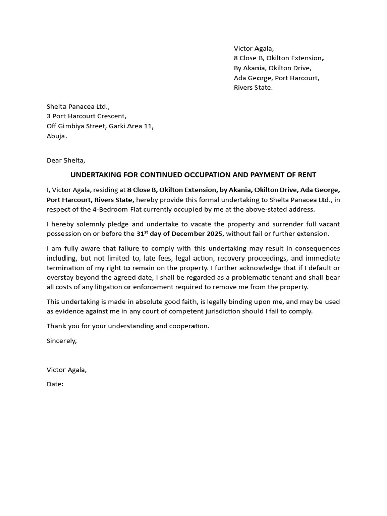 Victor Agala - Undertaking For Continued Occupation and Payment of Rent ...