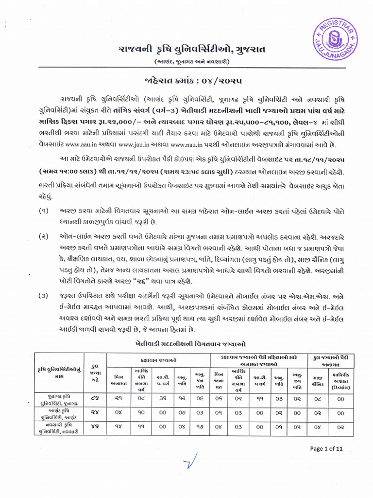 02 - Detailed - Advt - SAU - 04 - 2025 - Agril Asst - Nov - 2025 | PDF