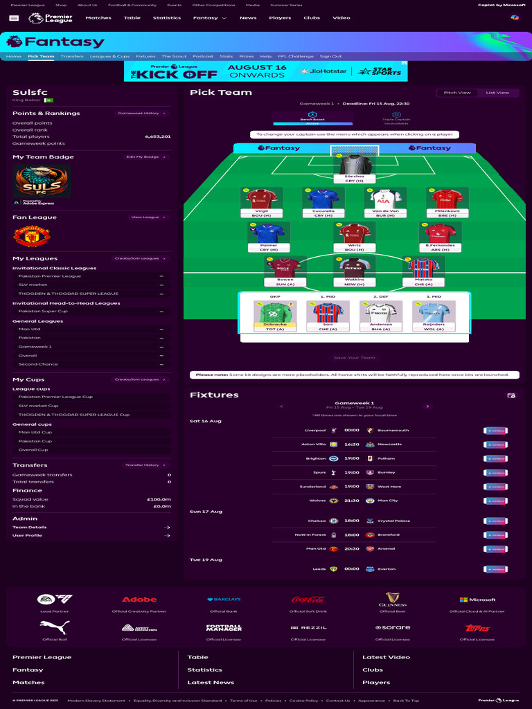 Pick Your Fantasy Football Team Fantasy Premier League | PDF ...