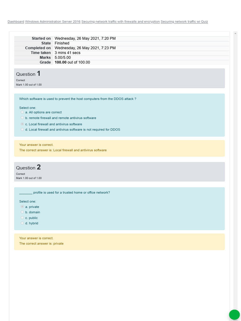 Windows Server 2016 Network Security Quiz | PDF