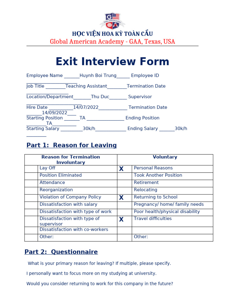 GAA - Exit Interview Form | PDF | Employment | Labor Relations