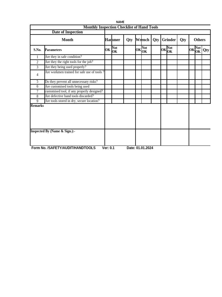 Monthly Inspection Checklist of Hand Tools | PDF