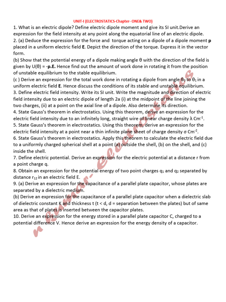 1.imp - Ques. (Electrostatics Unit I) | PDF | Electric Field | Capacitance