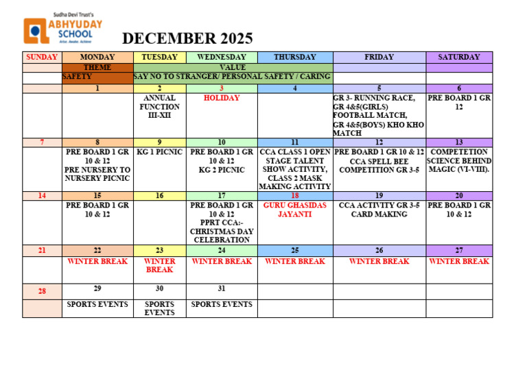 December 2025 School Calendar Events | PDF