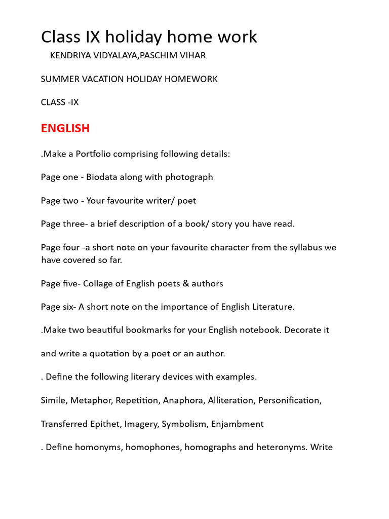 Class IX Holiday Home Work (1) | PDF | Water