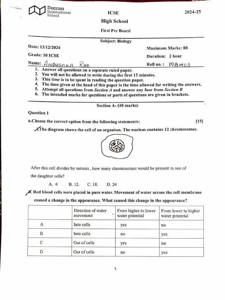 ICSE 2024-25 Biology Pre Board Exam | PDF | Cell (Biology) | Biology