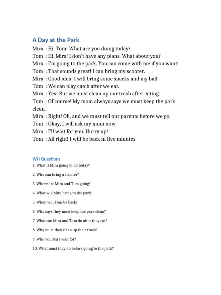 Dialogue a Day at the Park With WH Questions | PDF