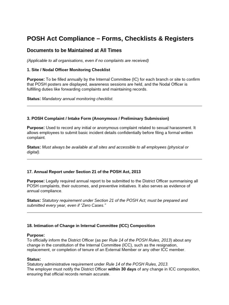 POSH Act Compliance Checklists & Forms | PDF | International Criminal ...