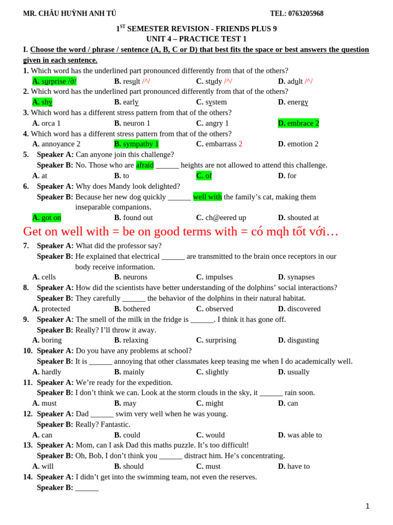 Friends Plus 9 Unit 4 Practice Test | PDF | Stress (Biology) | Chimpanzee