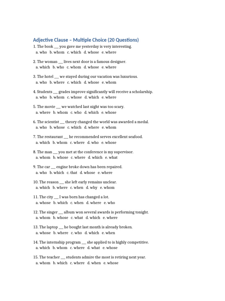 Adjective Clause 20 Questions | PDF