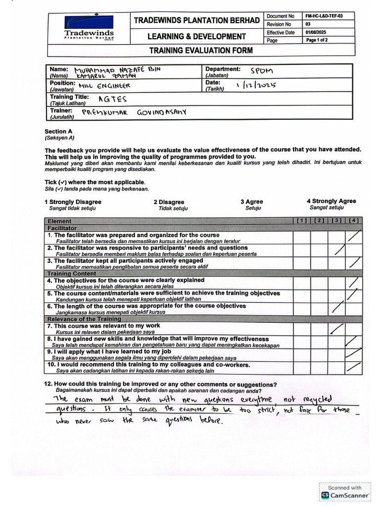 Training Evaluation Form | PDF