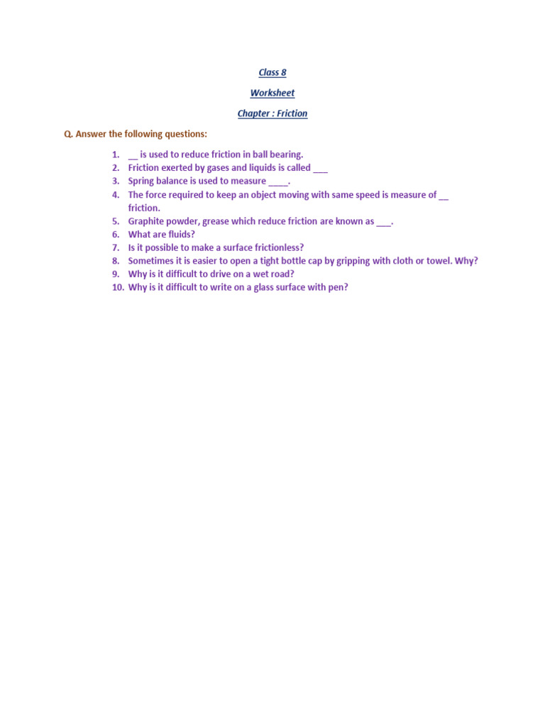 Class 8 Friction Worksheet Questions | PDF