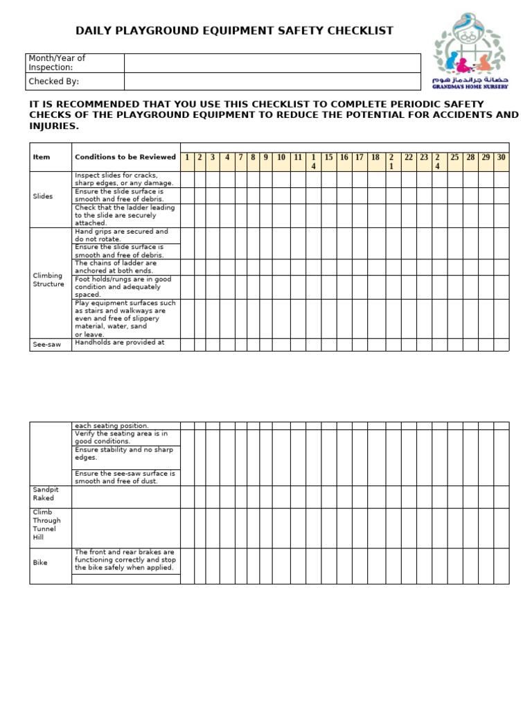 Playground Equipment Safety Checklist | PDF
