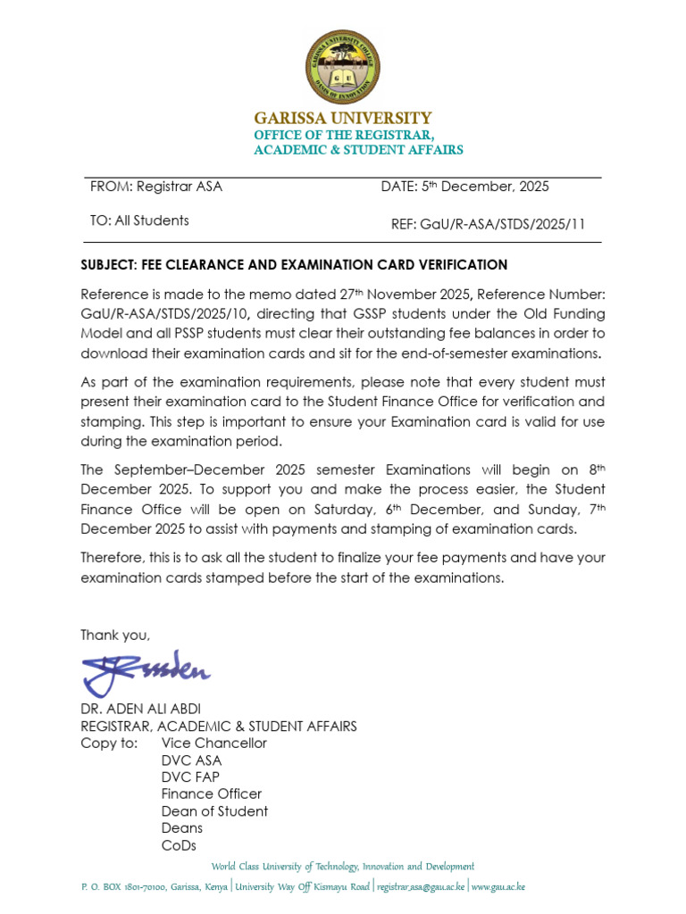 Fee Clearance for Exams at Garissa University | PDF