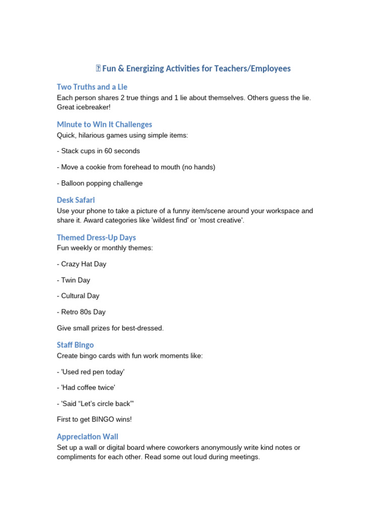 Teacher Employee Fun Activities | PDF