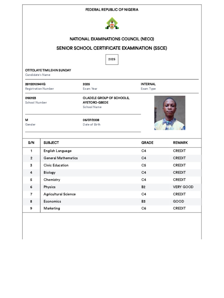 NECO 2025 SSCE Result for Timilehin | PDF