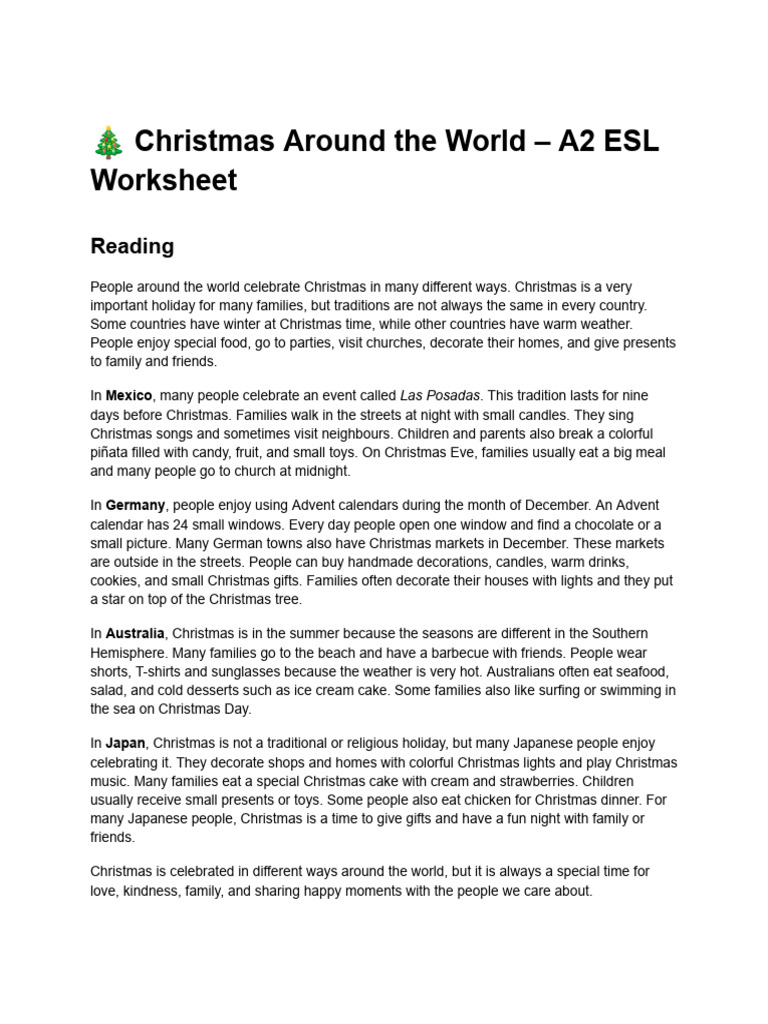 Christmas Traditions Worldwide - A2 ESL | PDF | Christmas | Christmas Eve