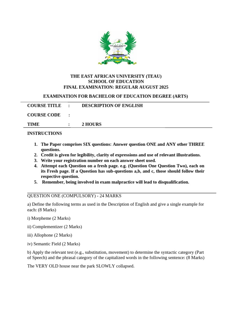 TEAU English Exam August 2025 Guide | PDF | Phrase | Semantics