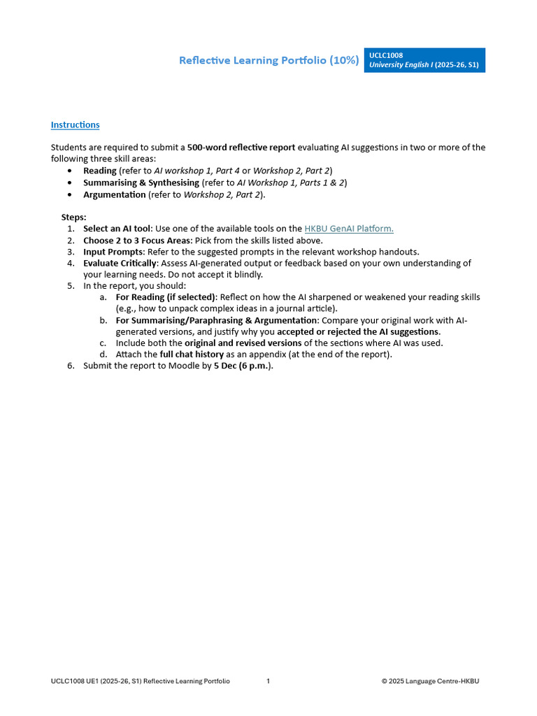 UCLC1008 (2526a) Reflective Learning Portfolio | PDF