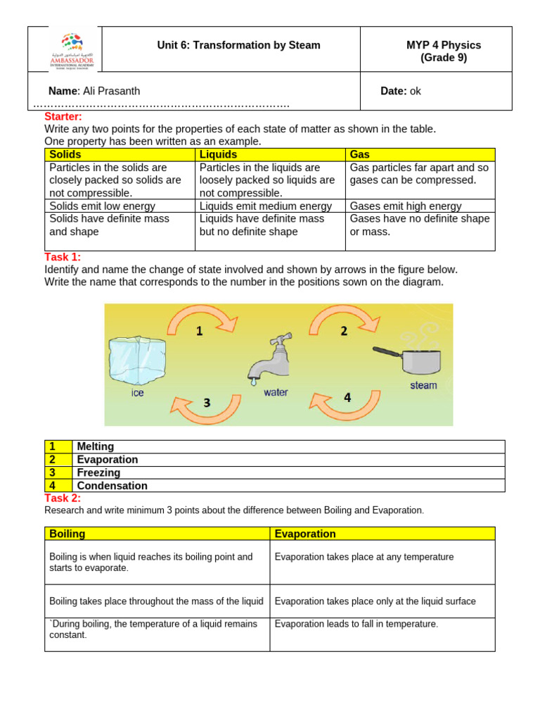 States of Matter and Phases of Matter - Worksheet 1 | PDF