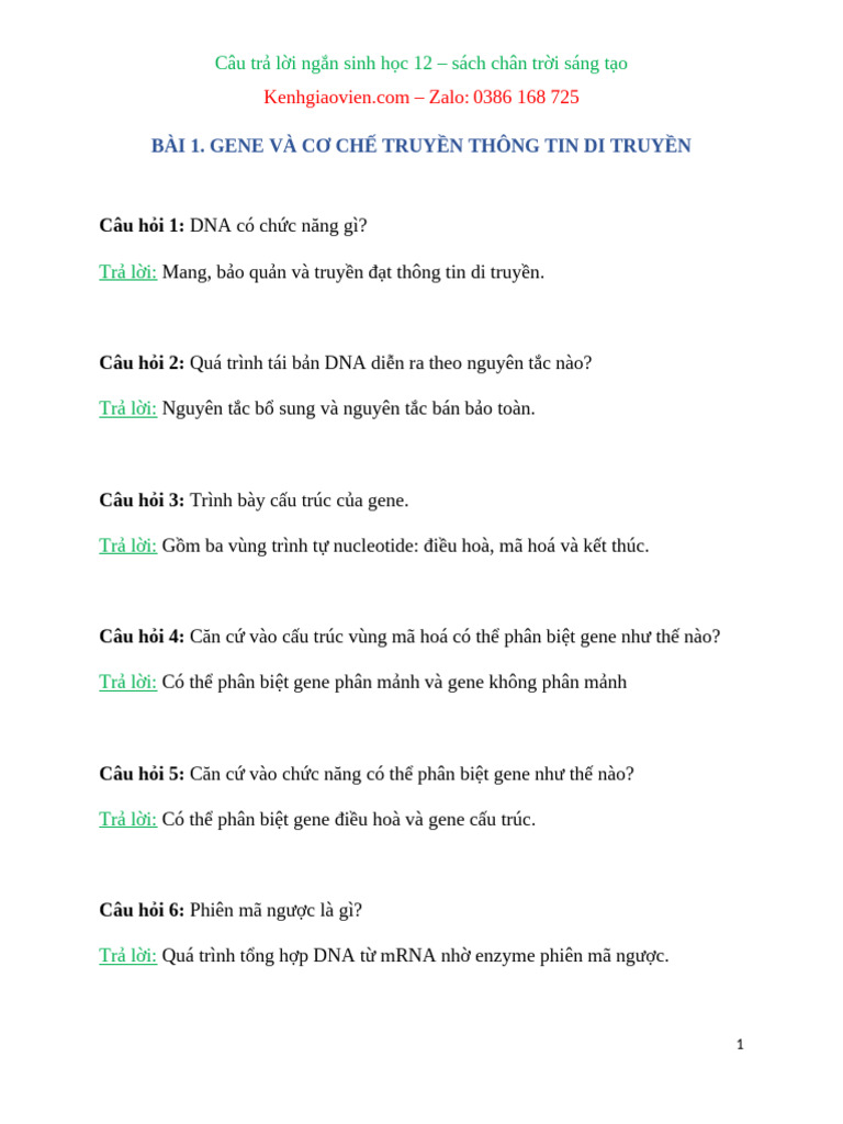 TLN Sinh 12 CTST Bai 1 Gene Va Co Che Truyen Thong Tin Di Truyen | PDF
