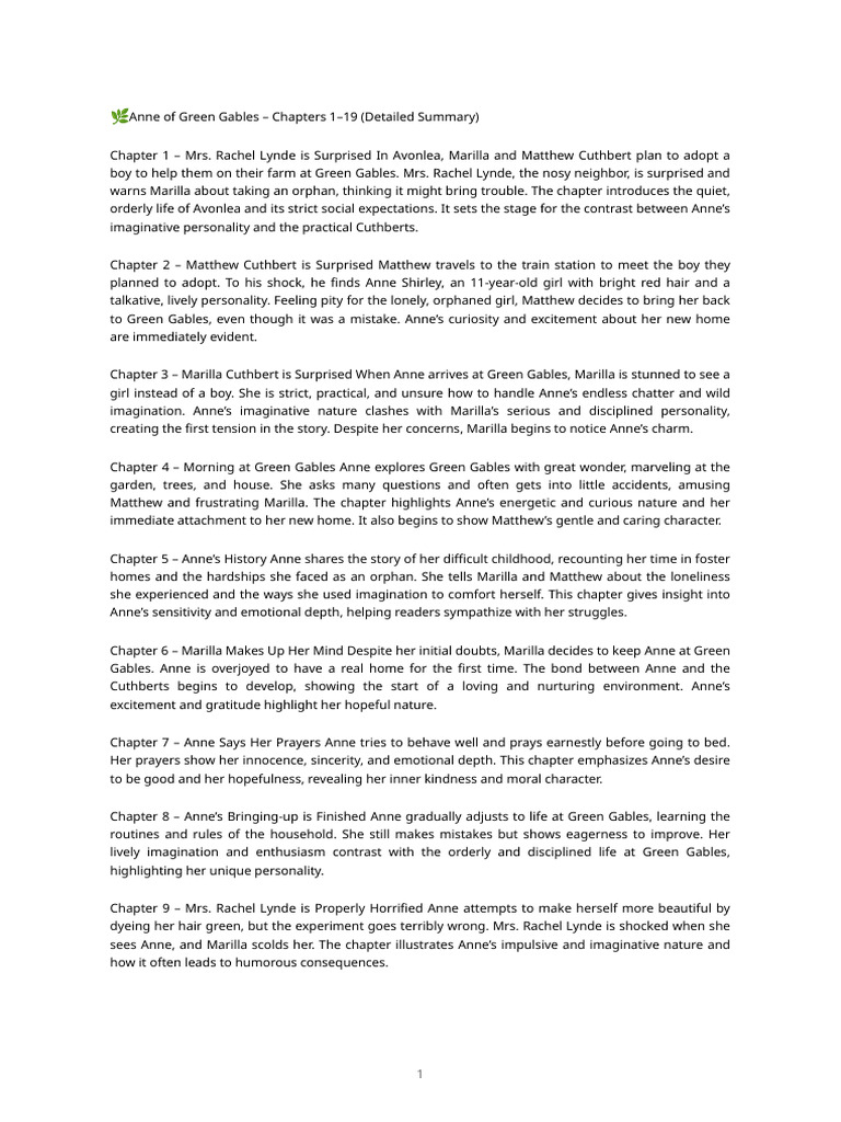 Anne Ch1 19 Summary | PDF | Anne Of Green Gables | Psychology